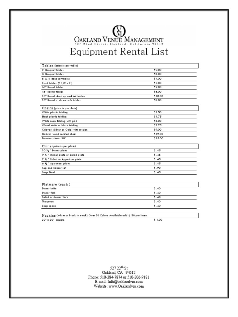 Equipment Rental List: 527 22 ST Oakland, CA 94612 Phone: 510-384-7874 ...
