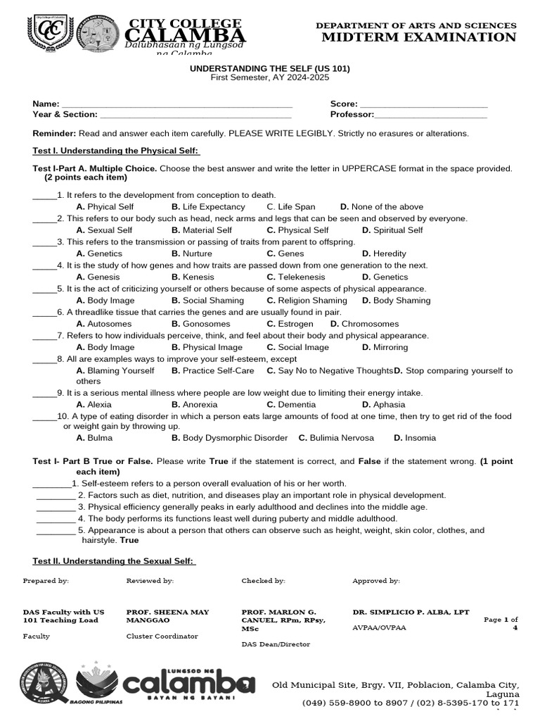 Departmental Midterm Exam US 101draft | PDF | Human Sexuality | Gender