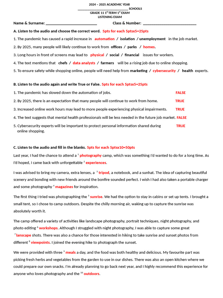 Grade 11 Listening Answer Key Pdf