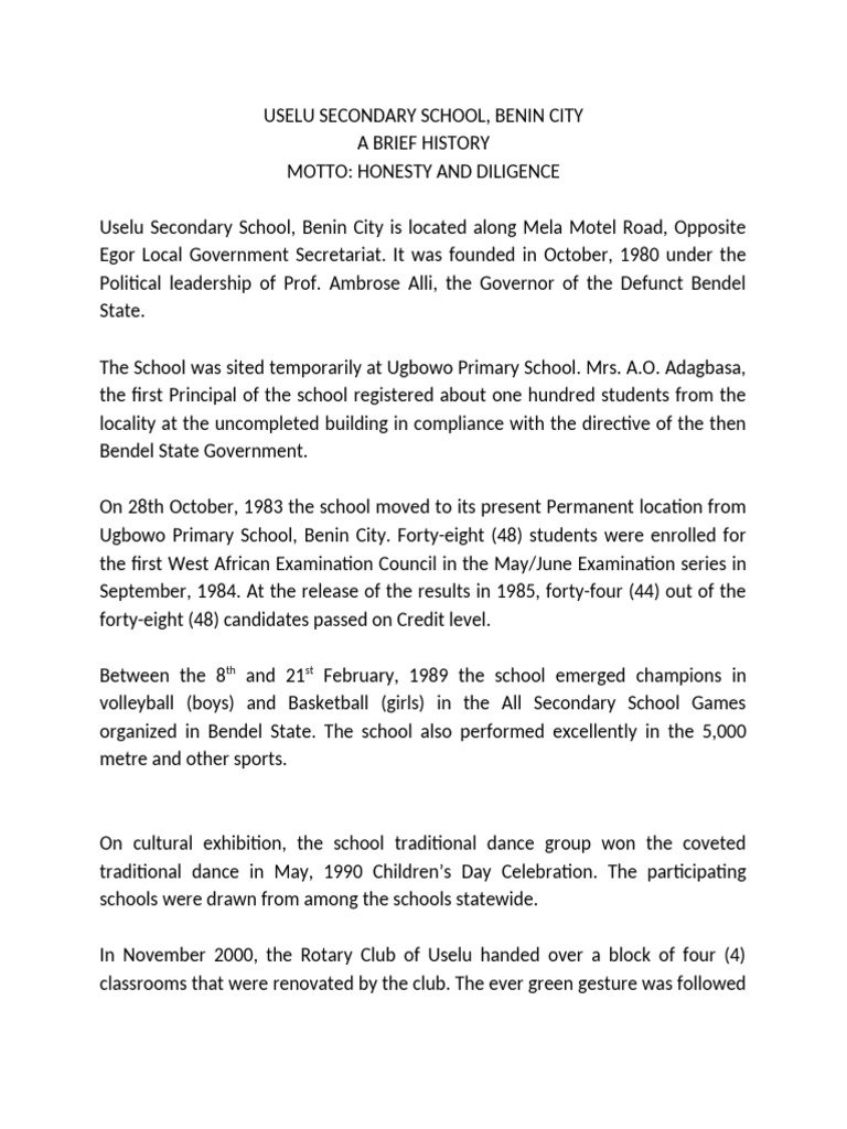 Uselu Secondary School: A Brief History | PDF