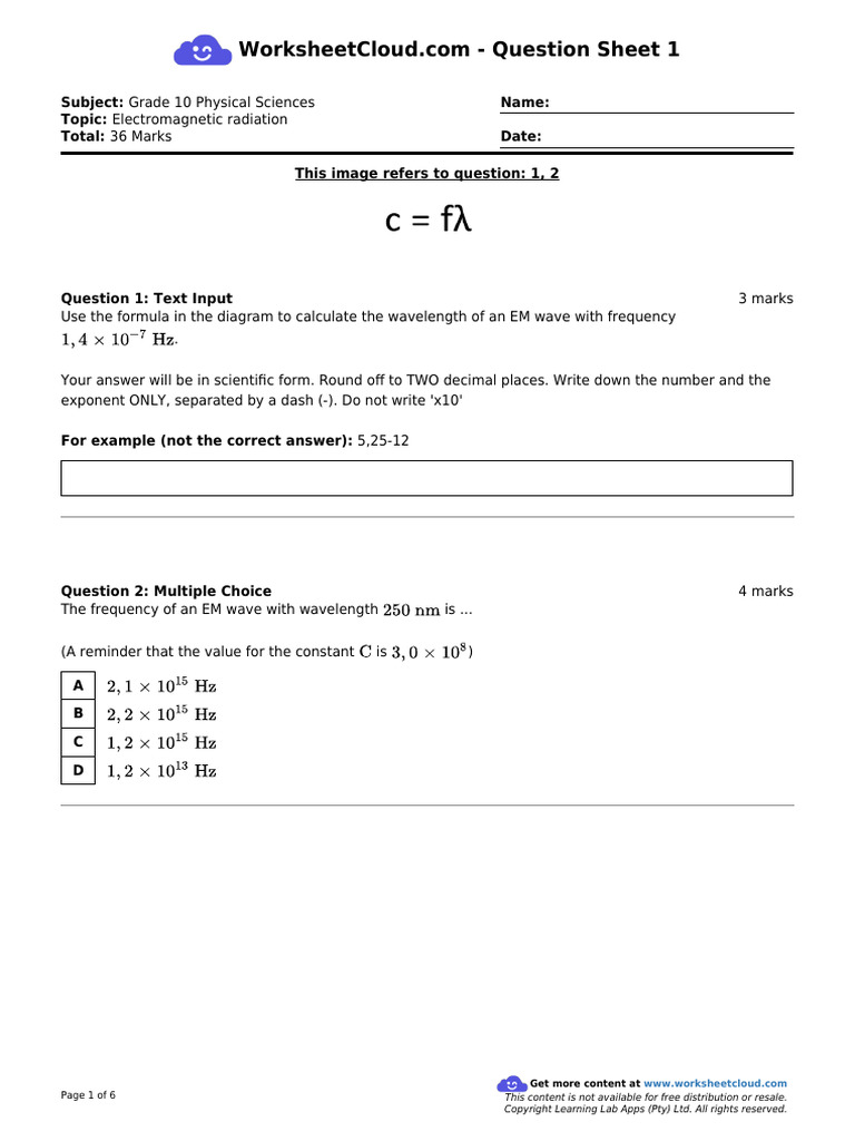 Electromagnetic Radiation Worksheet1 | PDF | Electromagnetic Radiation ...