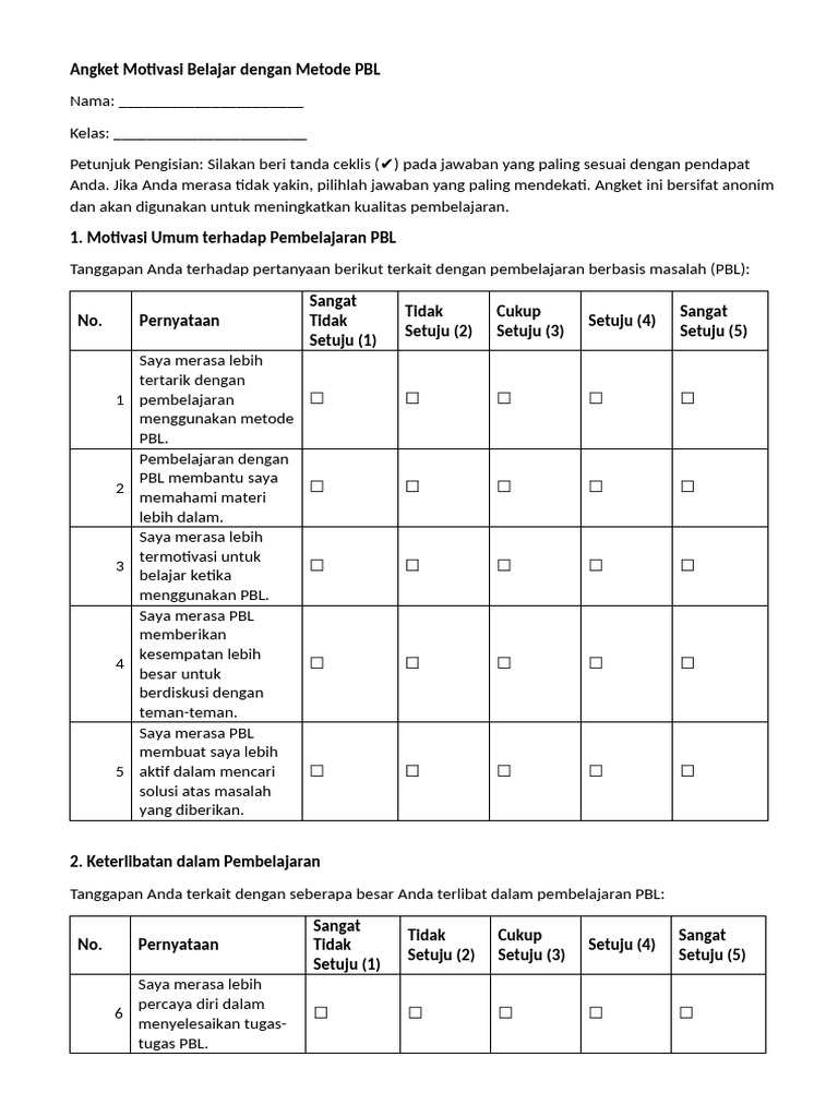 Angket Motivasi Belajar Dengan Metode PBL | PDF