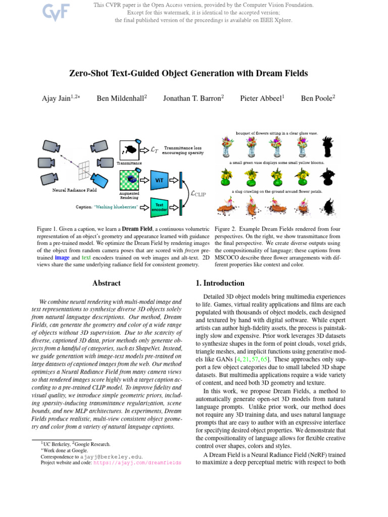 Jain Zero-Shot Text-Guided Object Generation With Dream Fields CVPR 2022 Paper | PDF | Computer ...