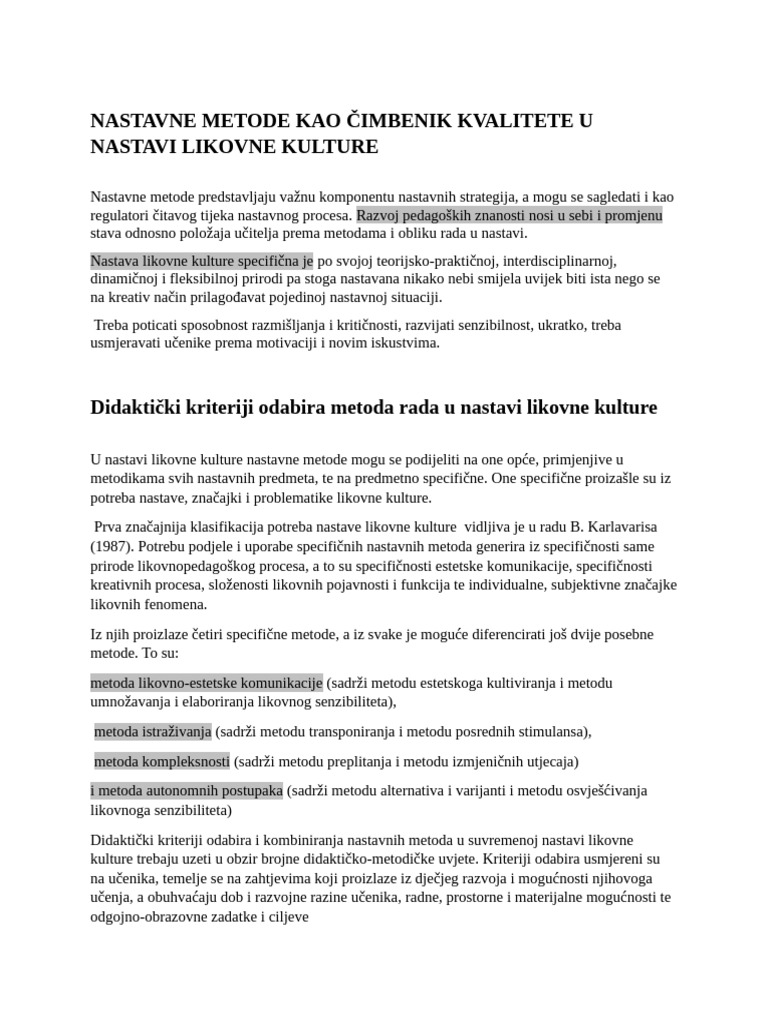 Nastavne Metode Kao Čimbenik Kvalitete U Nastavi Likovne Kulture | PDF