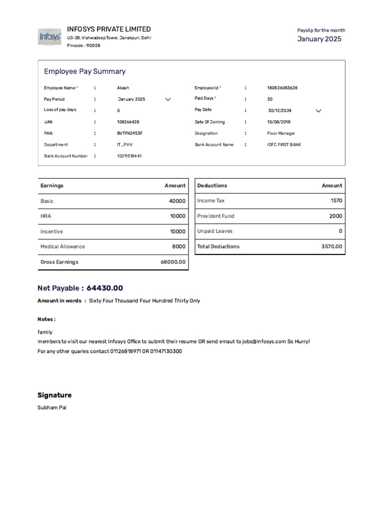 Infosys January 2025 Payslip Summary | PDF