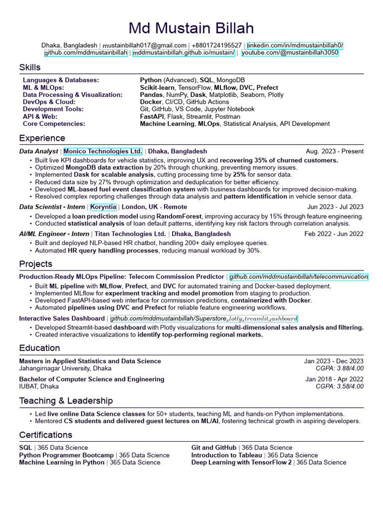 MD Mustain Billah Resume | PDF | Data Science | Computing
