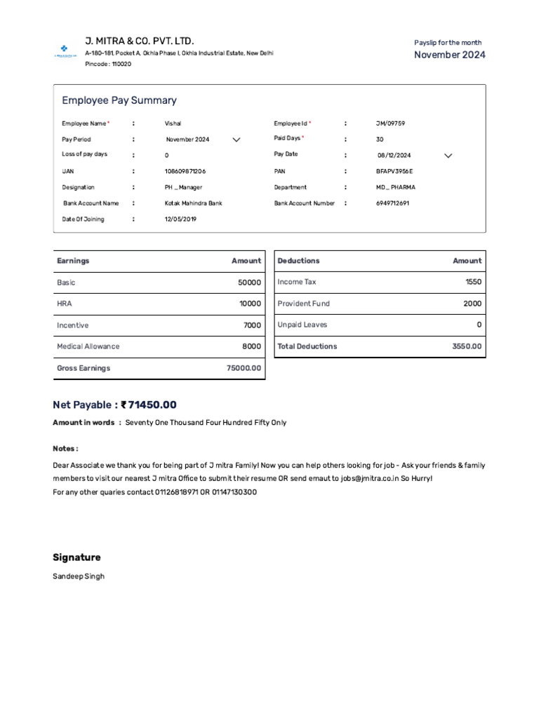 J Mitra - Nov Pay Slip | PDF