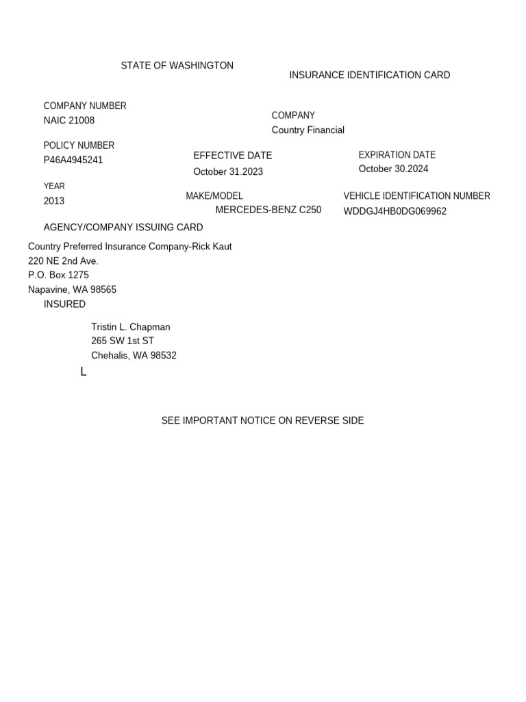 Washington Insurance Card for Tristin Chapman | PDF