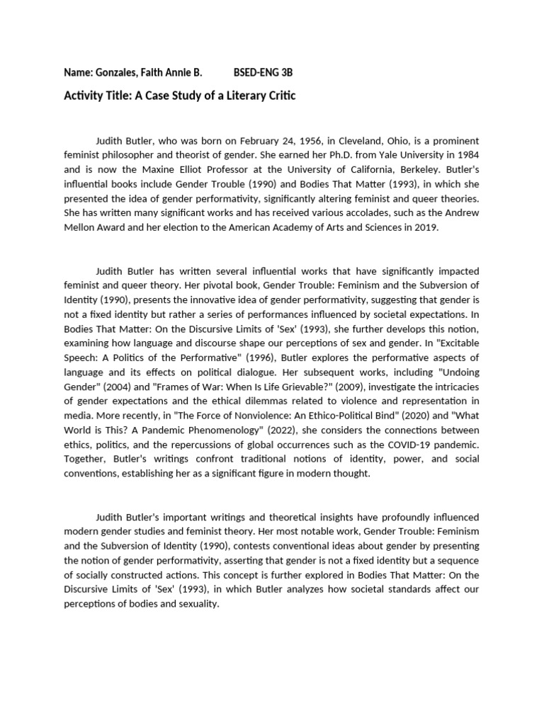 Activity - A Case Study of A Literary Critic (Gonzales) | PDF | Gender ...