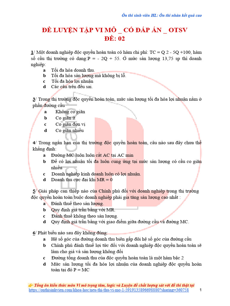 Đề Vi mô 02 - Có đáp án - OTSV | PDF