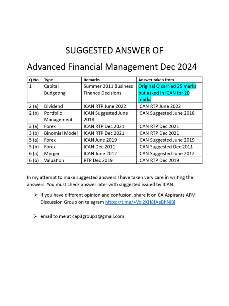 AFM Exam Suggested Answers 2024 | PDF