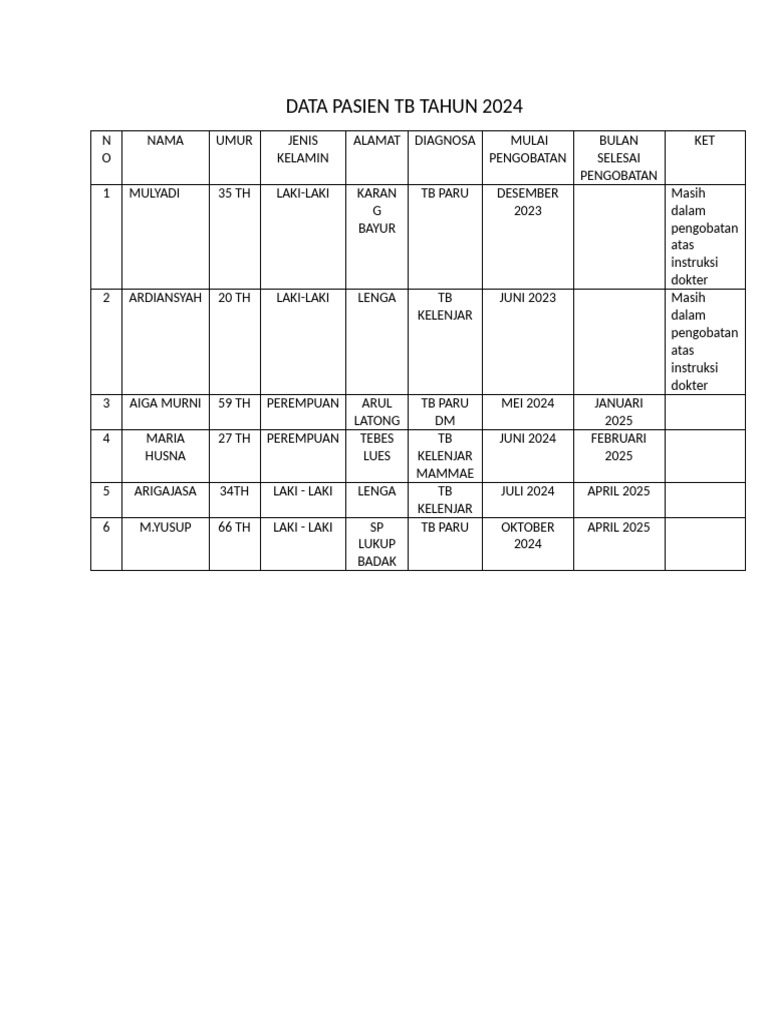 DATA PASIEN TB TAHUN 2024 Dalam Masa Pengobatan | PDF