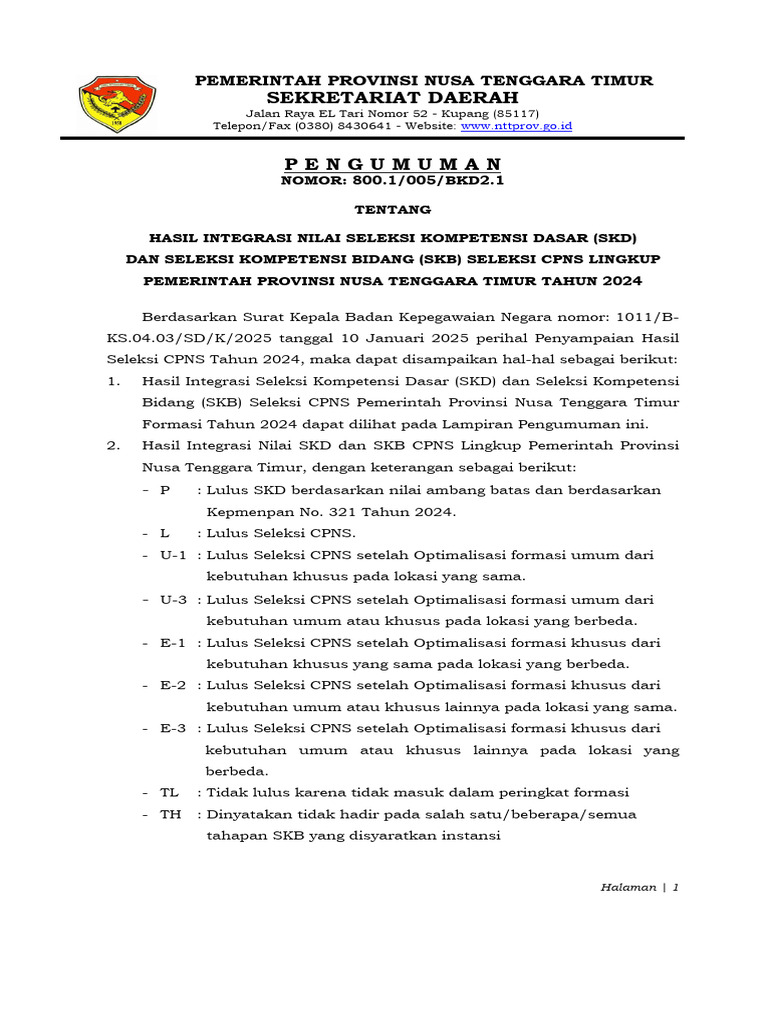 Pengumuman Hasil Integrasi Nilai SKD Dan SKB CPNS Tahun 2024 | PDF