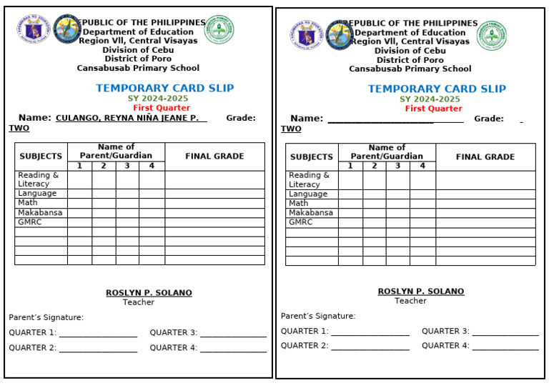 Temporary Card Slip for Grade Two Students | PDF