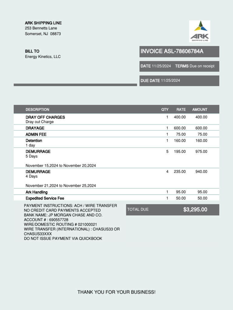 Invoice ASL-78606784A for Ark Shipping | PDF