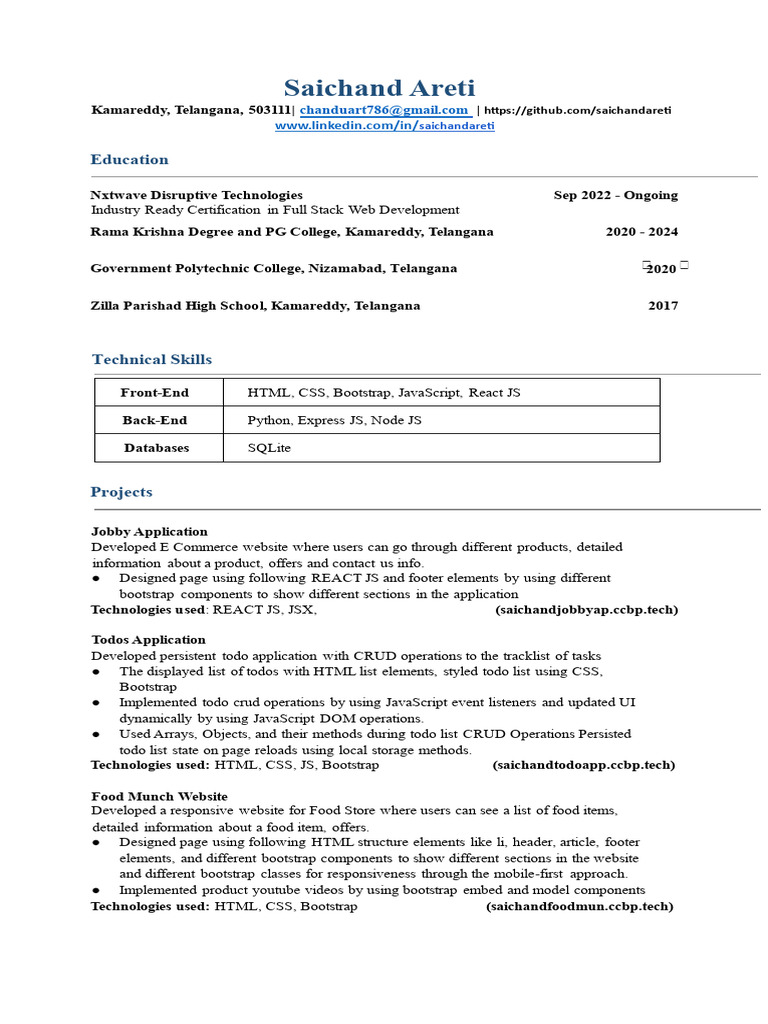 Sai Chand’s resume | PDF | Bootstrap (Front End Framework) | Java Script