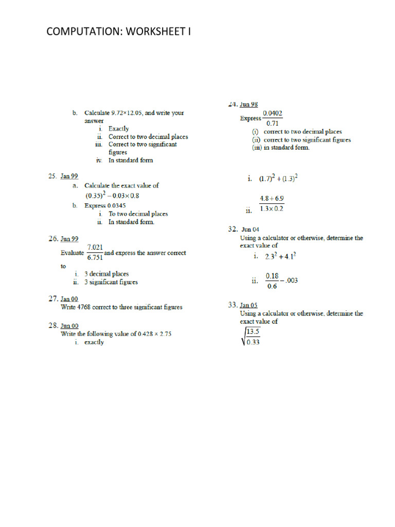 Computation Worksheet 1 | PDF