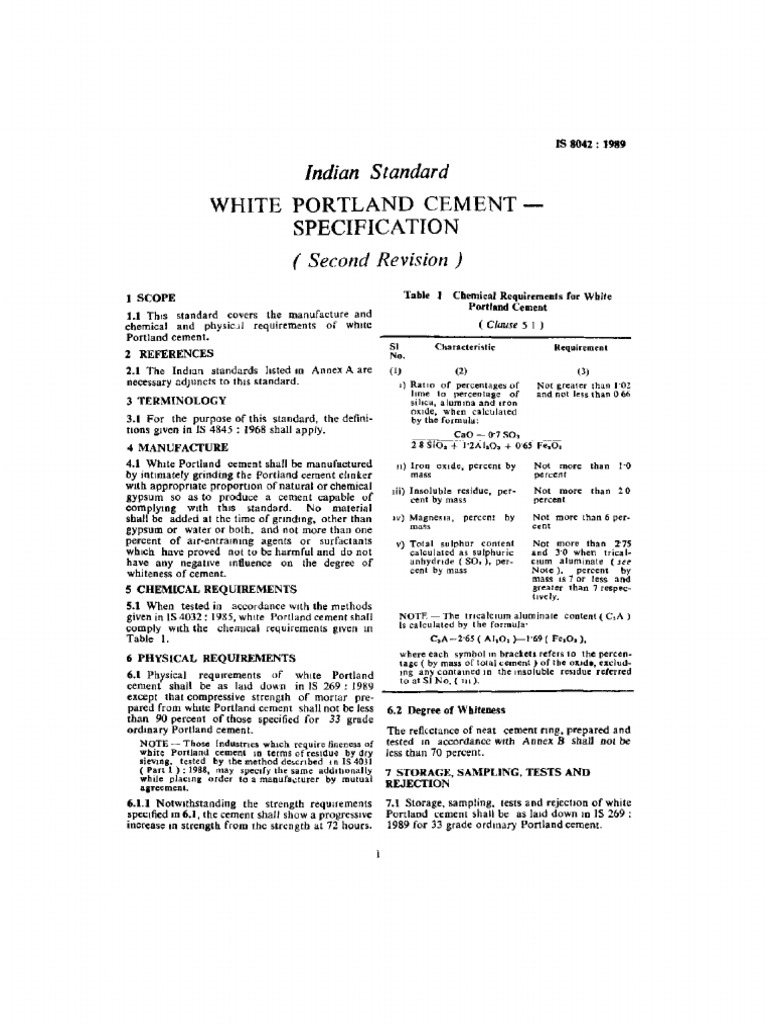 Is.8042.1989 White Cement Standard | PDF | Cement | Building Materials