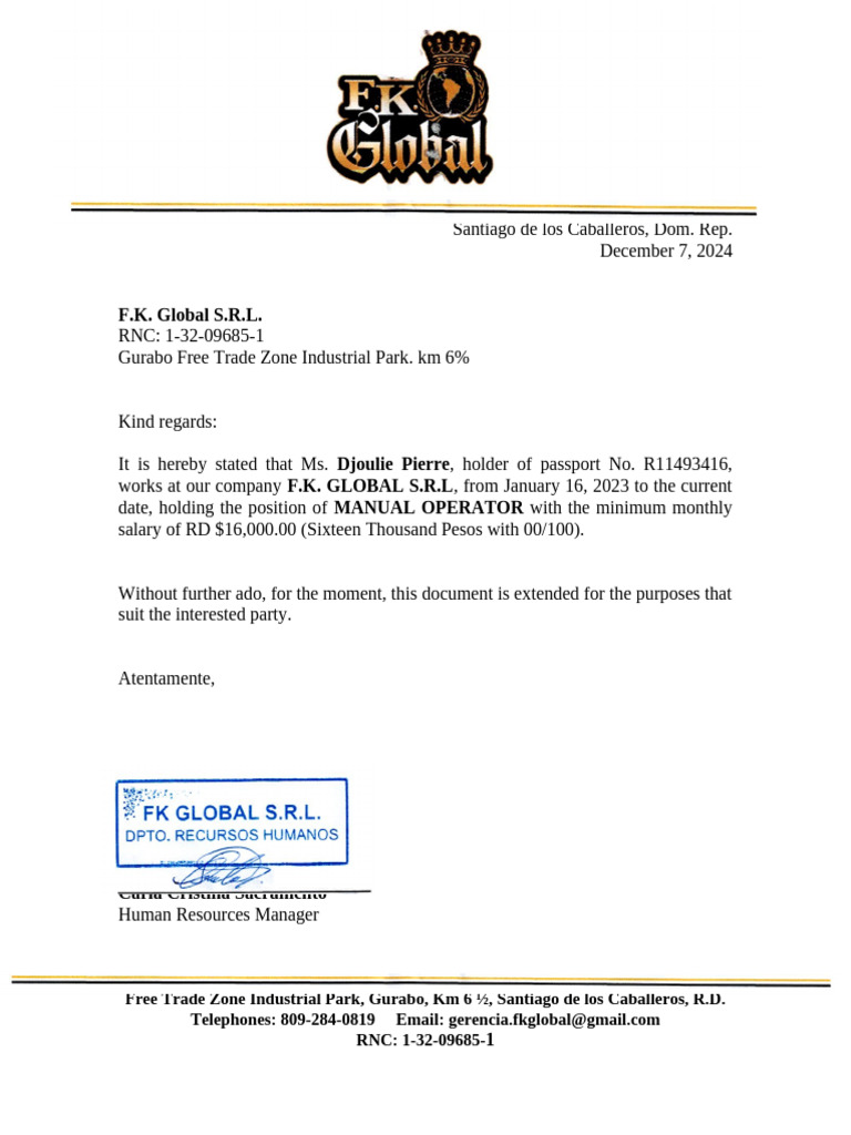 Employment Verification for Djoulie Pierre | PDF