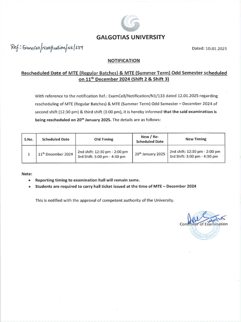 Rescheduled Date of MTE (Regular Batches) & MTE (Summer Term) Odd Semester Scheduled on 11th ...