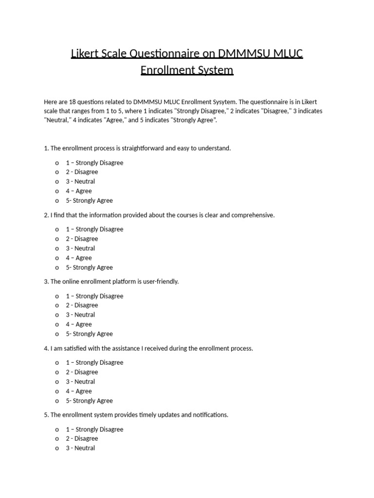 Likert Scale Questionnaire on DMMMSU MLUC Enrollment System | PDF | Likert Scale | Computing