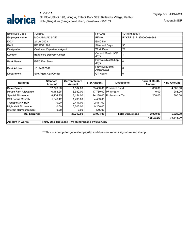 Jun 2024 Payslip | PDF | Taxes | Expense