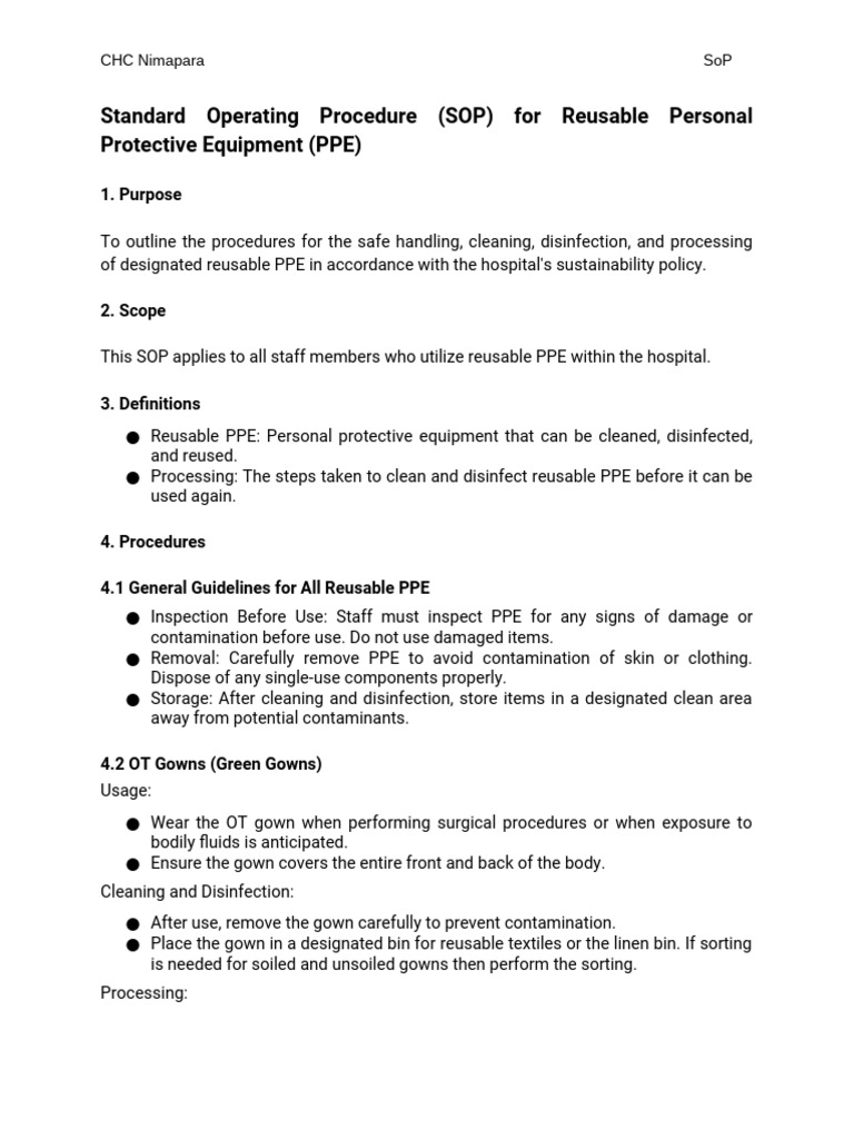 SOP for Reusable PPE Handling | PDF | Personal Protective Equipment ...