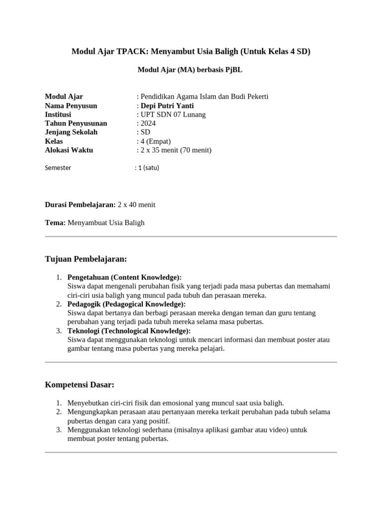Modul Ajar TPACK Menyambut Usia Baligh Kelas 4 Sd (1) | PDF