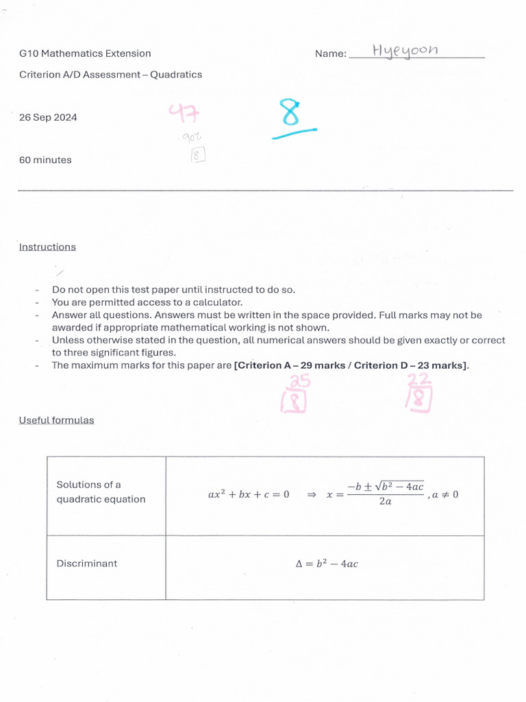 NIS (10) Quadratics Assessment 2024 | PDF