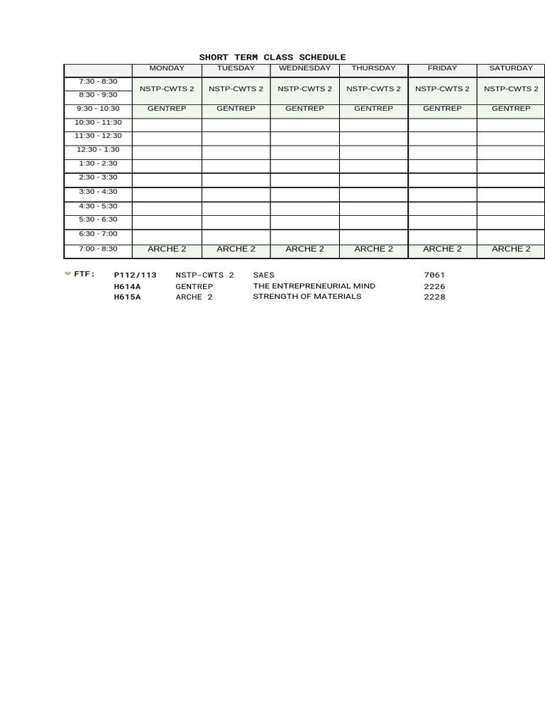 Weekly Short Term Class Schedule | PDF