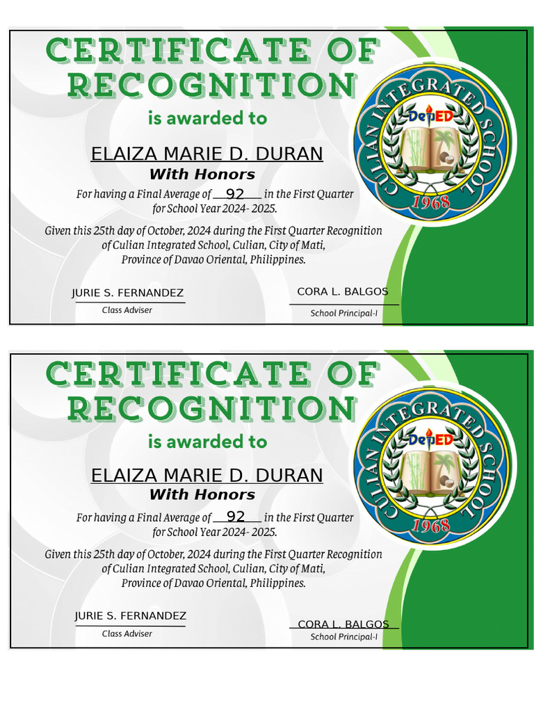 Honors Recognition for Elaiza Duran | PDF