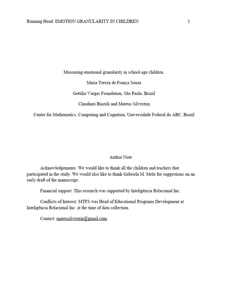 Measuring Emotional Granularity in School-Age Children | PDF | Emotions ...
