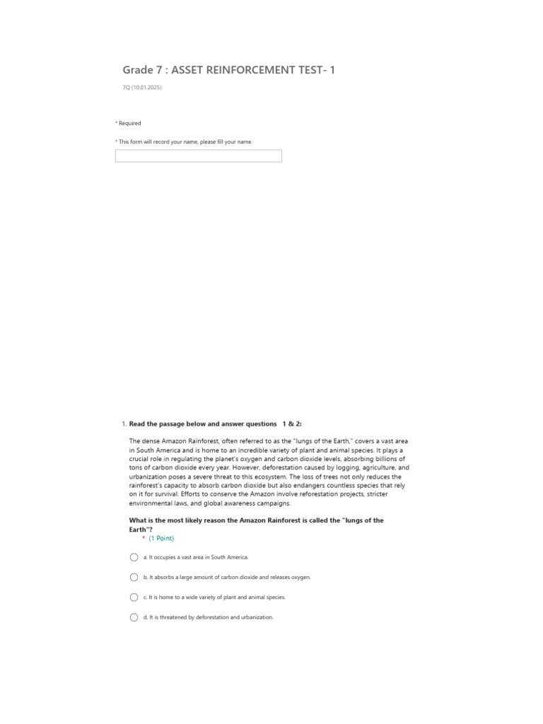 Grade 7 - ASSET REINFORCEMENT TEST - 1 | PDF | Logging | Deforestation
