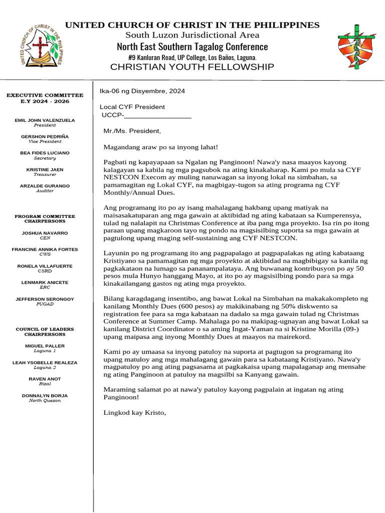 Monthly Dues Letter | PDF