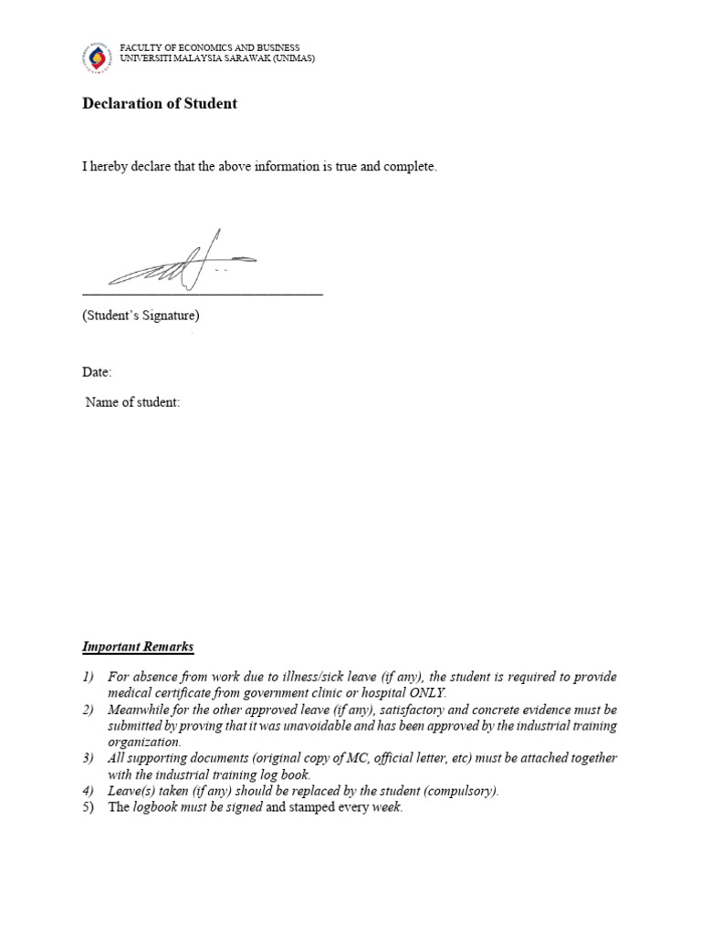Declaration of Student (Logbook) Form | PDF