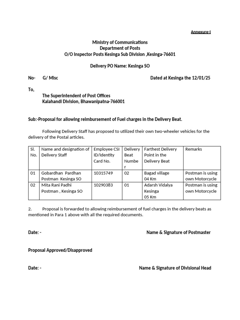 Proforma for Allowing Reimbursement of Fuel Charges in the Delivery Beats | PDF | Written ...