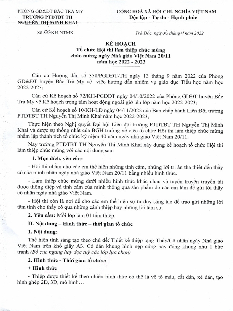 173 Ke Hoach To Chuc Hoi Thi Lam Thiep Chuc Mung Chao Mung Ngay Nha Giao Vi | PDF