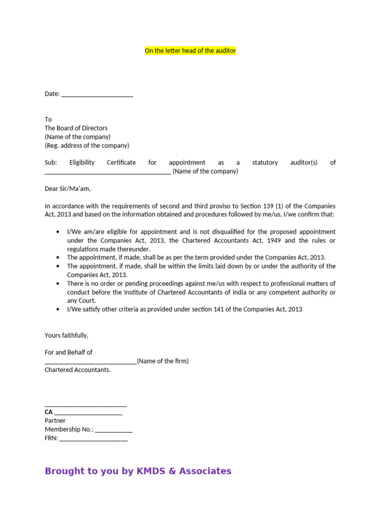 Auditor Eligibility Certificate Template | PDF