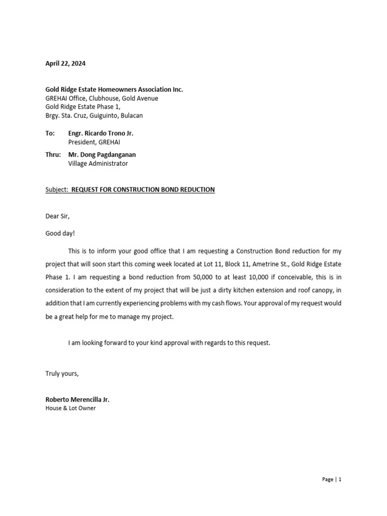 Request Letter For Construction Bond (Merencilla) | PDF