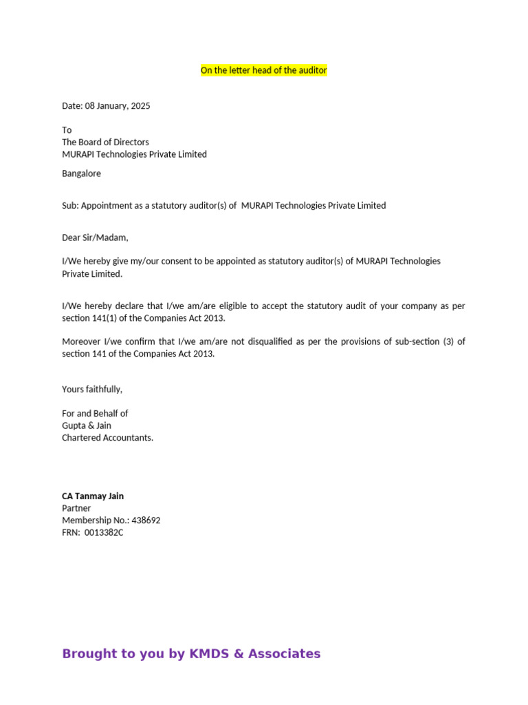 Consent Letter Auditor | PDF