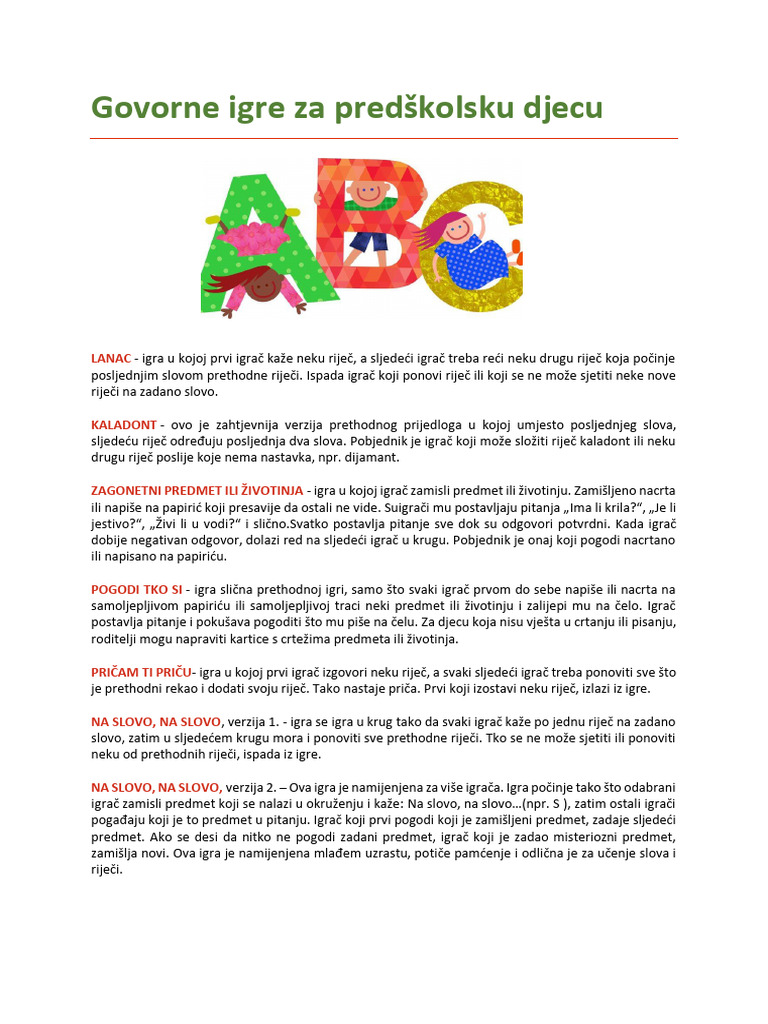 Govorne Igre Za Predškolsku Djecu | PDF