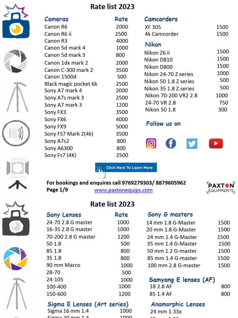 Rate List 2023 | PDF | Photography Equipment | Lenses