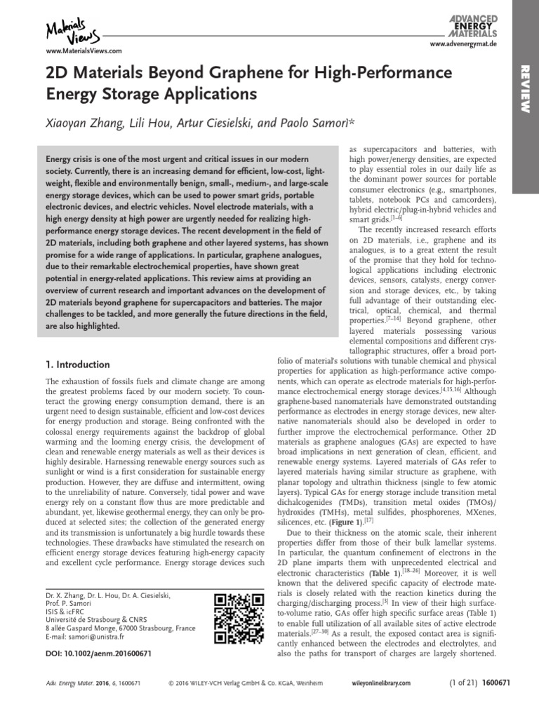 Advanced Energy Materials - 2016 - Zhang - 2D Materials Beyond Graphene For High Performance ...