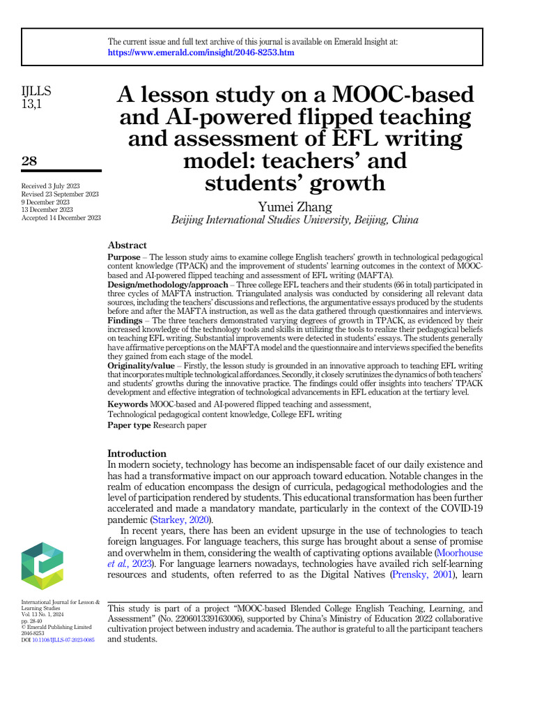 Ai Powered Flipped Teaching In Efl Writing Pdf Massive Open Online