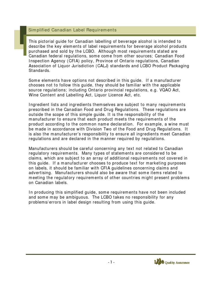 Simplified Canadian Label Requirements | PDF | Litre | Alcohol