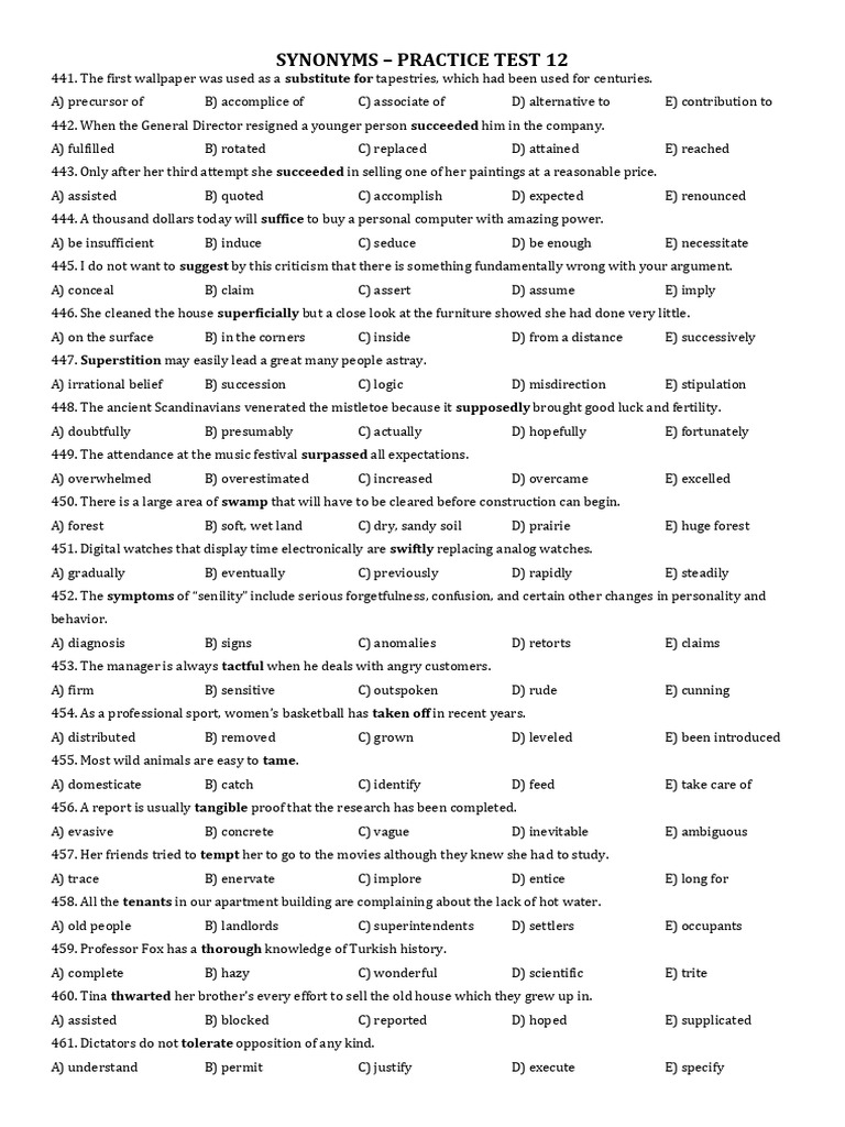 Synonyms Practice Test 12 | PDF