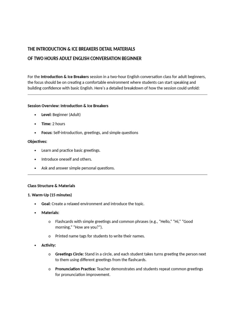 The Introduction & Ice Breakers For English Conversation Class | PDF ...