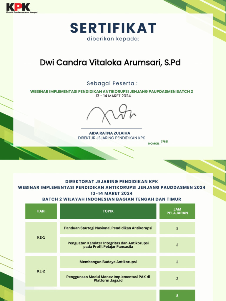 Webinar Implementasi Pendidikan Antikoruosi (13-14 Maret 2024) Dwi Candra Vitaloka Arumsari, S ...