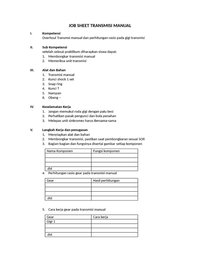 Job Sheet Transmisi Manual | PDF