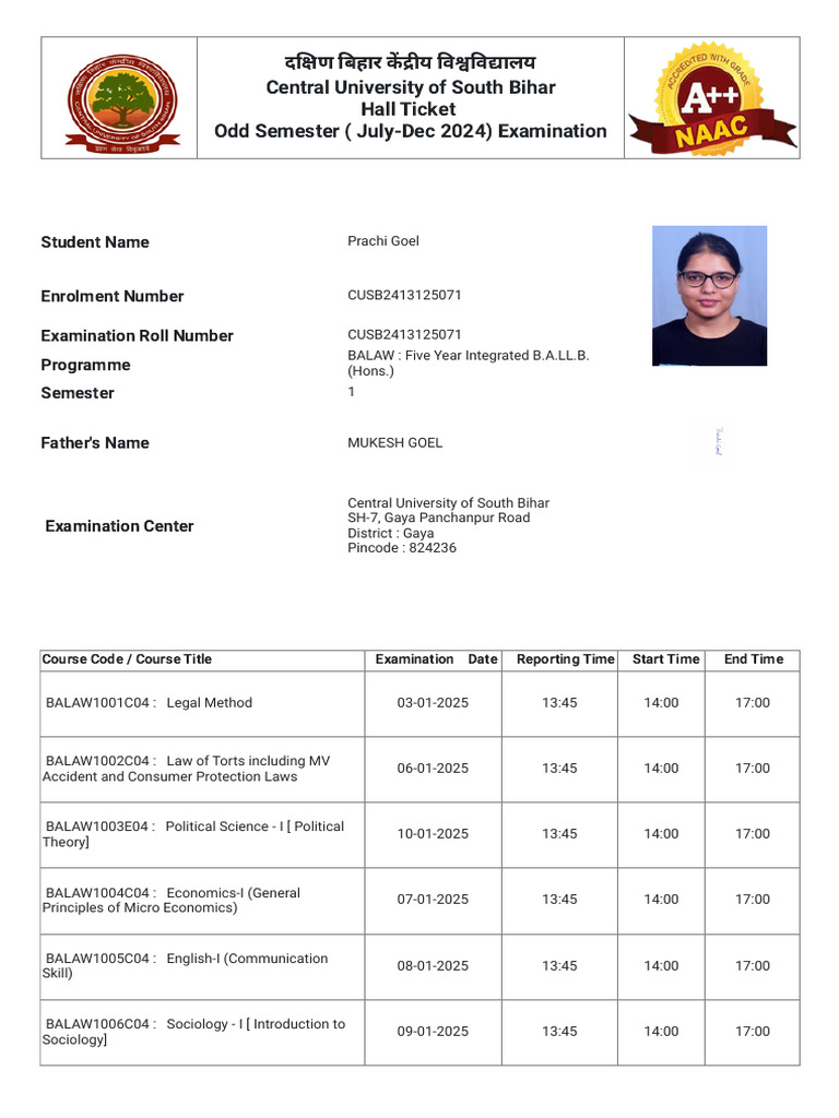 1st Semester Admit Card Instructions | PDF